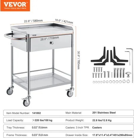 Zdravotní vozík, 2vrstvý vozík z nerezové oceli, nosnost 99,8 kg