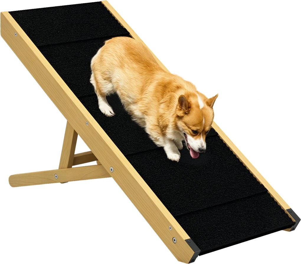 Skládací rampa pro psy PawHut, výškově nastavitelná, protiskluzová pomůcka pro vstup malých a středních psů do 15 kg, 83,5 x 35 x 47,5 cm, přirozená |