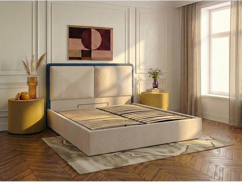 Modrá/béžová čalouněná dvoulůžková postel s úložným prostorem s roštem 160x200 cm Mara – Bobochic Paris