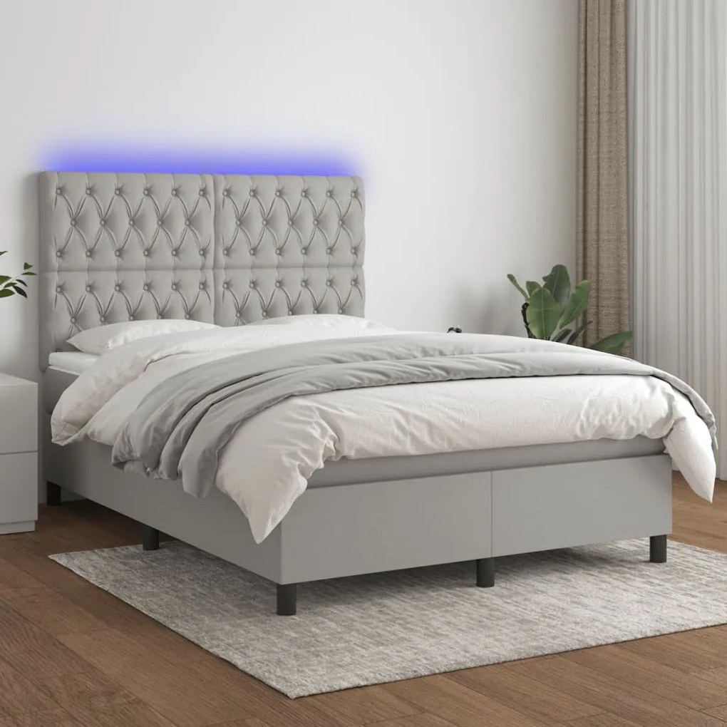 Box spring postel s matrací a LED světle šedá 140x190 cm textil 3135109