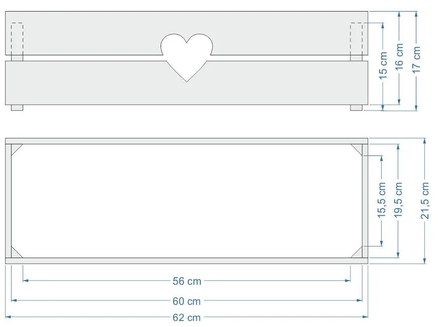 AMADEA Dřevěný obal na truhlík se srdcem bílý, 62x21,5x17cm Český výrobek