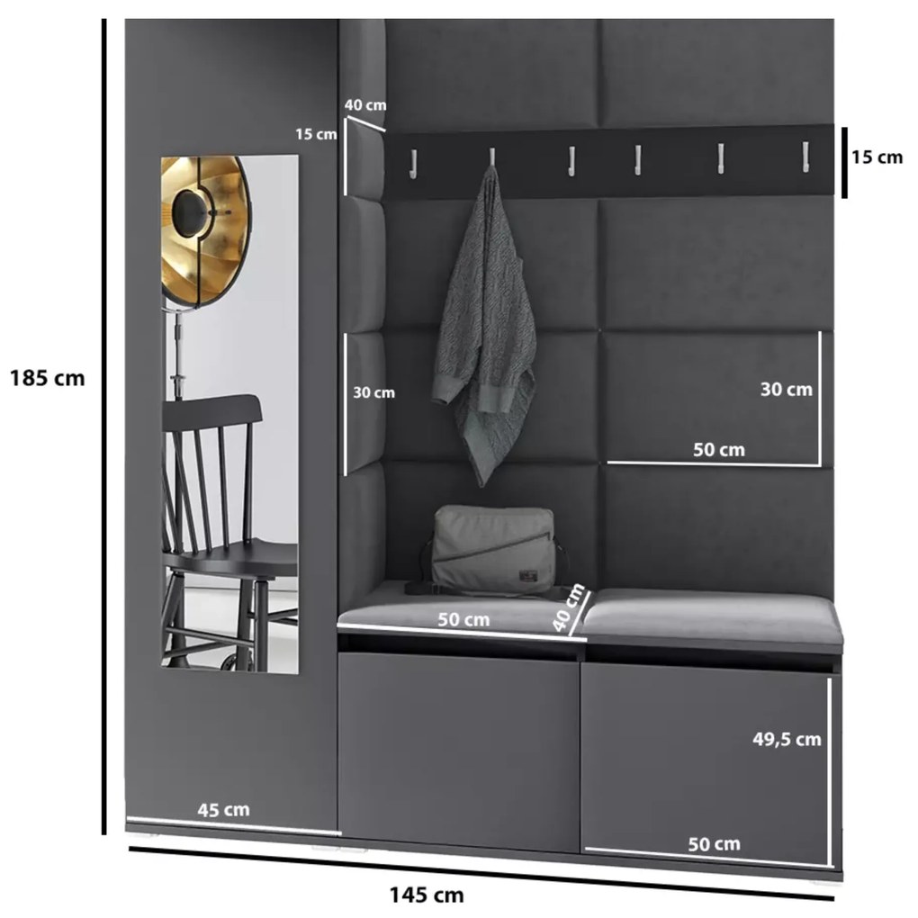 Eka Předsíňová stěna s čalouněnými panely Trinity 14 - Grafit / Černá 2316