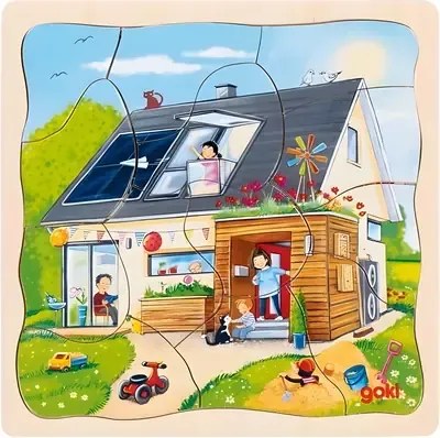GOKI Vícevrstvé puzzle Stavíme dům / dřevo / 20 x 20 cm