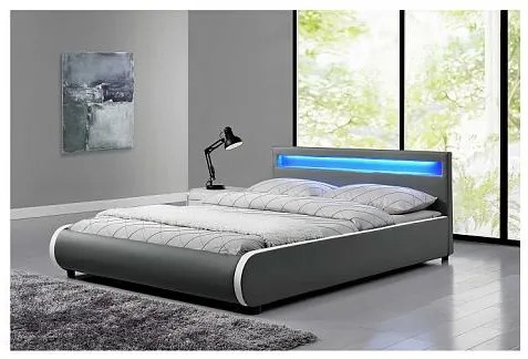Manželská postel s RGB LED osvětlení DULCEA 160x200 cm, šedá ekokůže