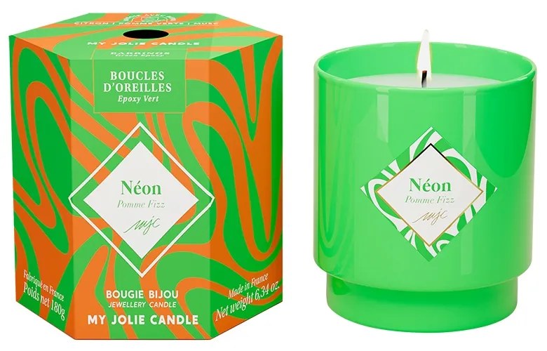 My Jolie Candle MJC Neon svíčka Fizzy Apple/Šumivé jablko se zelenými naušnicemi 180g(EOL) 320501