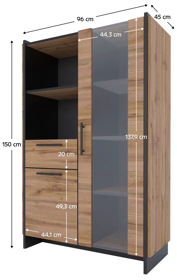 Kondela Nízká vitrína, dub wotan/černá, AMONI 1D1W1S