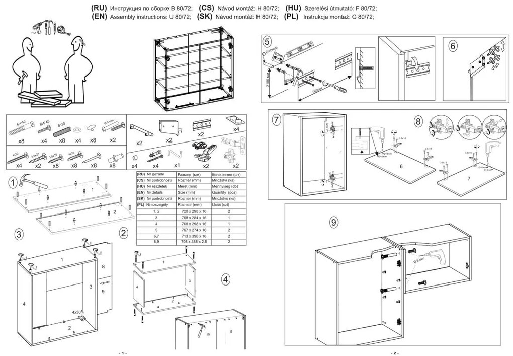 Závěsná kuchyňská skříňka VITO - 80x72x30 cm - bílá lesklá