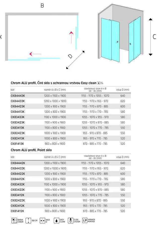 Mereo Mereo, Sprchový kout, LIMA, obdelník, chrom ALU, sklo Point, CK83422K