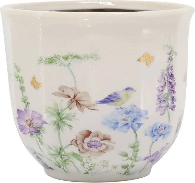 Krémový antik keramický kvetináč s květy Papillon Blossom - Ø 14*12 cm