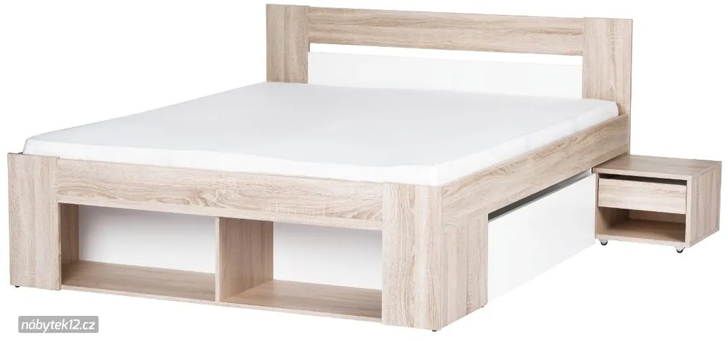 Manželská postel s úložným prostorem a nočními stolky Rebeka, LTD, dub sonoma / bílá, 146x90x205 cm