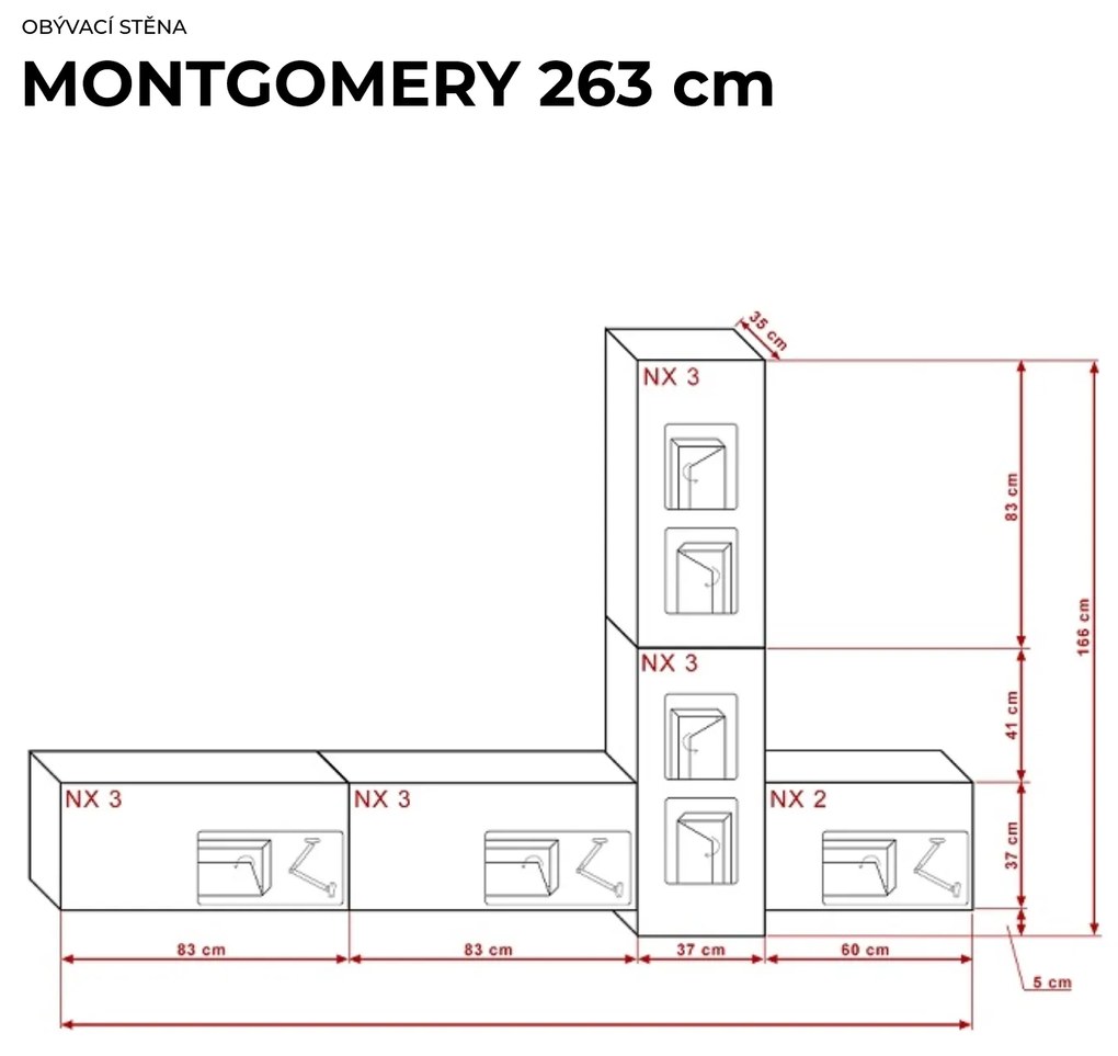 Ral Obývací stěna MONTGOMERY 2, 263 cm - Černý lesk