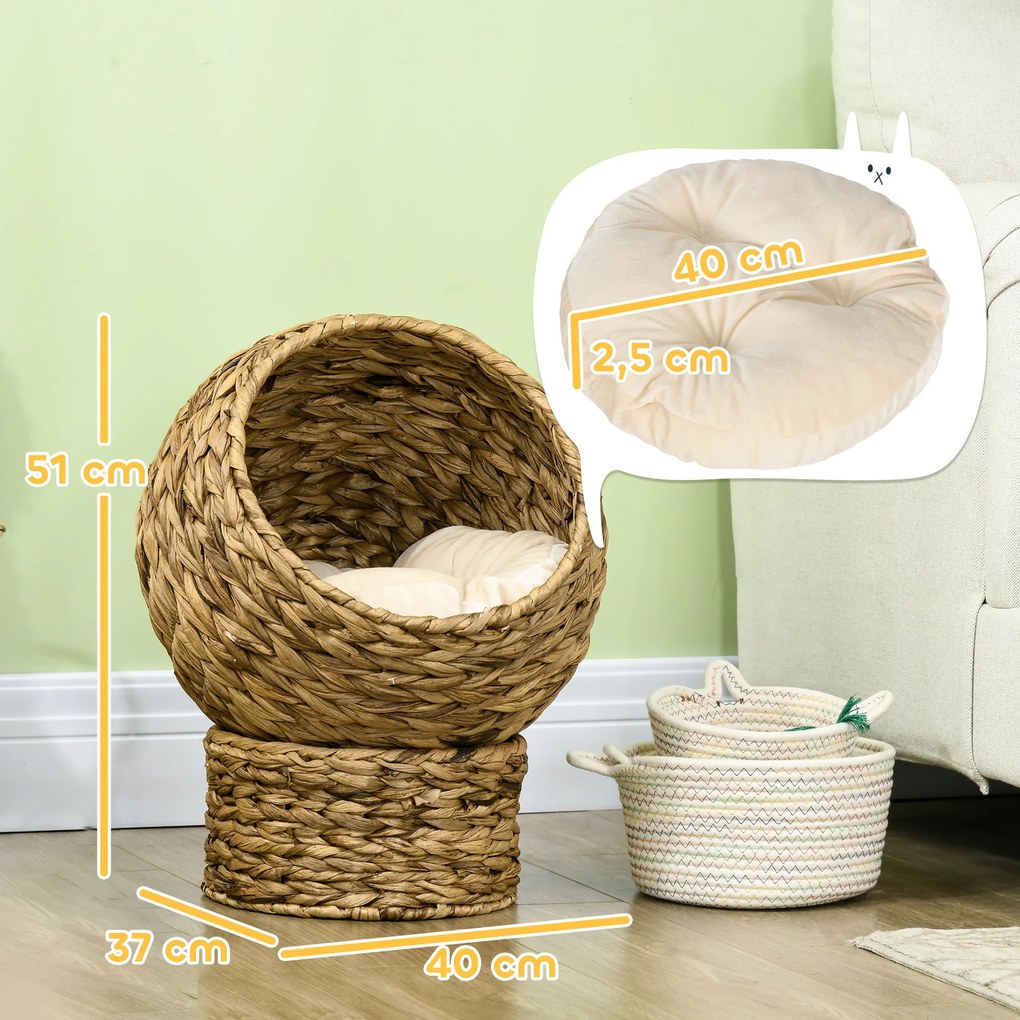 PawHut ratanový koš pro kočky s polštářem 42x33x52cm z vodního hyacintu, pohodlný a světle hnědý pro kočky | Aosom.de