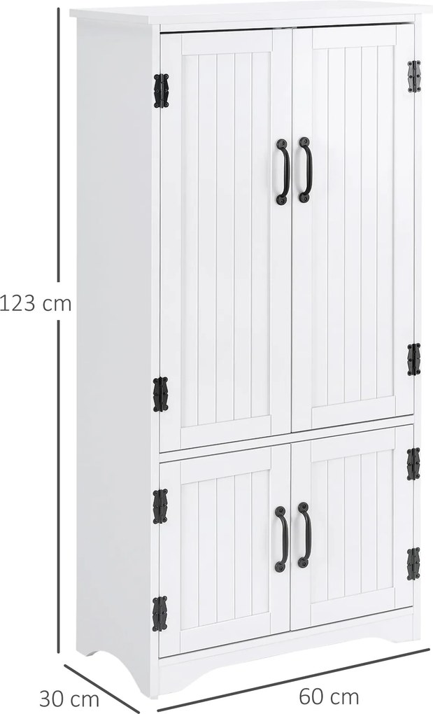 HOMCOM Vysoký kredenc do kuchyně se 4 dveřmi a nastavitelnými policemi pro obývací pokoj a koupelnu 60x30x123 cm Bílý