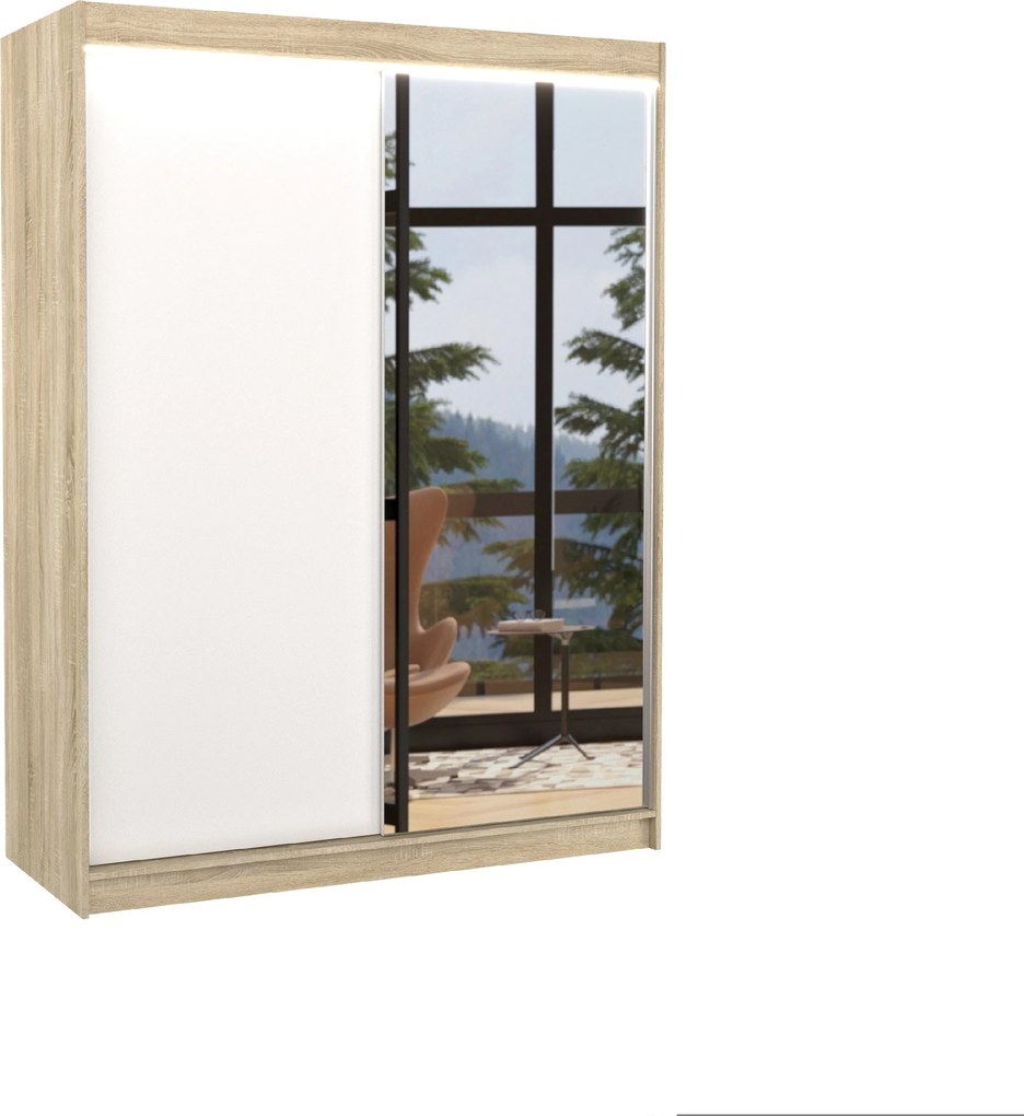 ADRK Furniture Posuvná skříň se zrcadlem a LED osvětlením JORDI 150 SW-JOR-S+W-150+L-V197