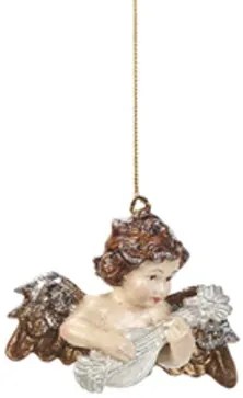 Závěsný dekorační anděl s harfou 10 cm zlatý