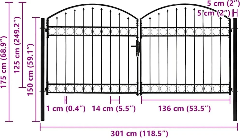 Plotová brána ASSEN dvoukřídlé dveře s klenutým vrškem ocelová 300 x 125 cm 143089