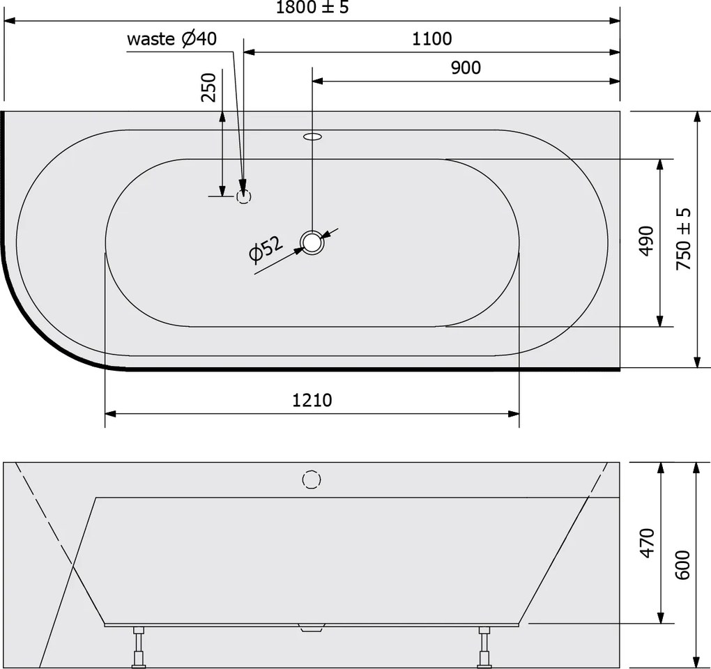 Polysan MONOLITH VIVA R asymetrická vana 180 x 75 x 60 cm bílá pravá 72129M