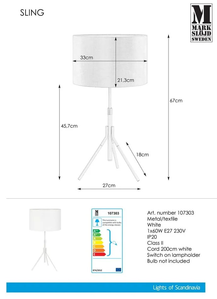 Bílá stolní lampa Markslöjd Sling