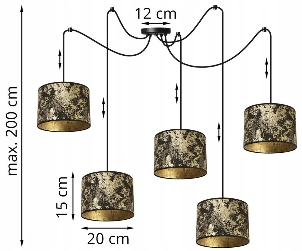Závěsné svítidlo Werona Spider, 5x černé textilní stínítko, g