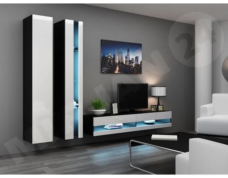 Obývací stěna Zigo New V, Osvětlení: osvětlení LED - bílé, Barva: černý / černý lesk