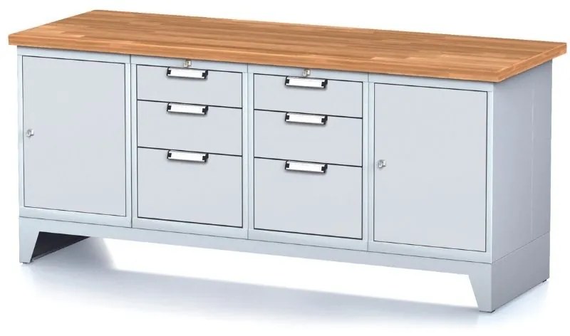 Alfa 3 Dílenský stůl MECHANIC I, 2 skříňky a 2x 3 zásuvkový box na nářadí , 6 zásuvek, 2000x685x880 mm, šedé dveře