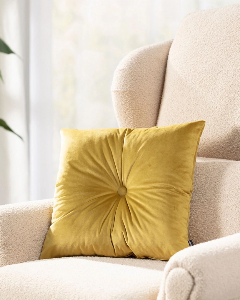 Sametový polštář Velvet s knoflíkem barva zelená látka lesklé, sametová