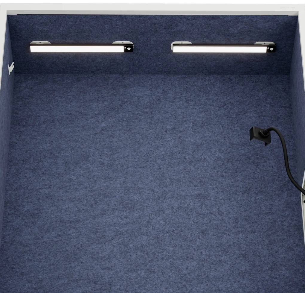 Kancelářská akustická kabina se sedátkem a USB-C portem, korpus bílý / sedák námořnická modrá, 1150 mm: SALLY MentalBox