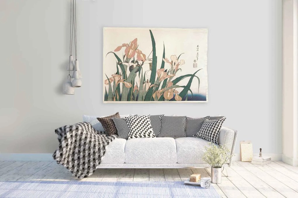Lenbutik Lněná tapiserie Katsushika Hokusai Iris Et Sauterelle 140x100 cm