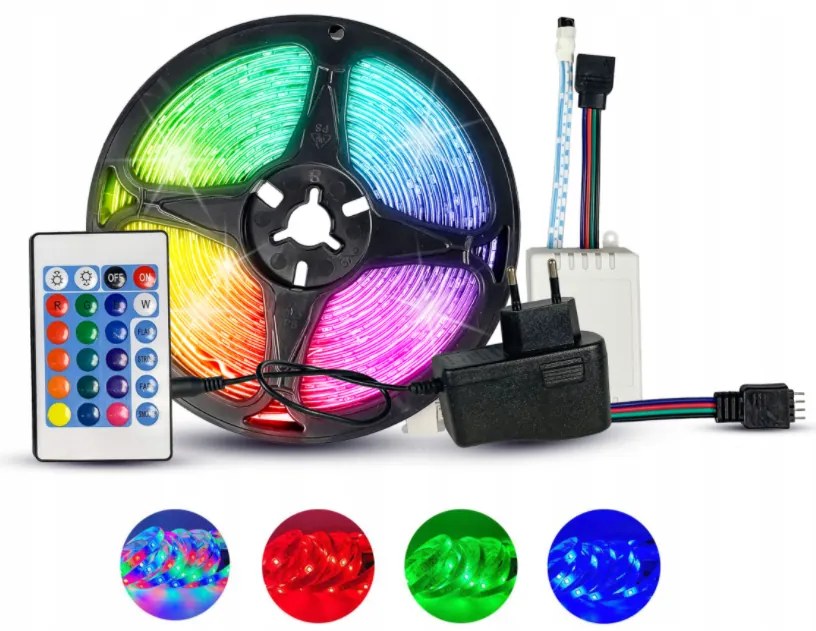 BERGE LED pásek RGB - IP65 - 5m + dálkové ovládání + napájecí adaptér - SADA