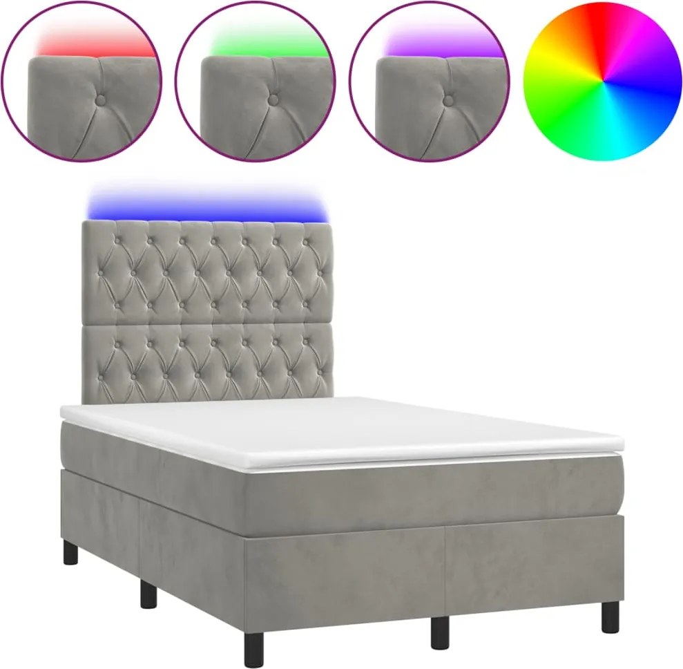 Box spring postel s matrací a LED světle šedá 120x200 cm samet 3136293
