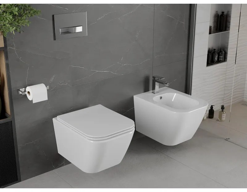 Mexen Madox, Rimless závěsná wc mísa 515x365x350 mm s pomalu padajícím sedátkem SLIM z duroplastu, bílá, 30154000