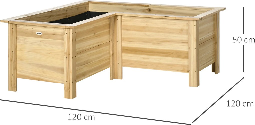 Outsunny rohový vyvýšený dřevěný záhon ve tvaru L s netkanou vložkou, venkovní záhon pro zeleninu a květiny, 120 × 120 × 50 cm, přírodní
