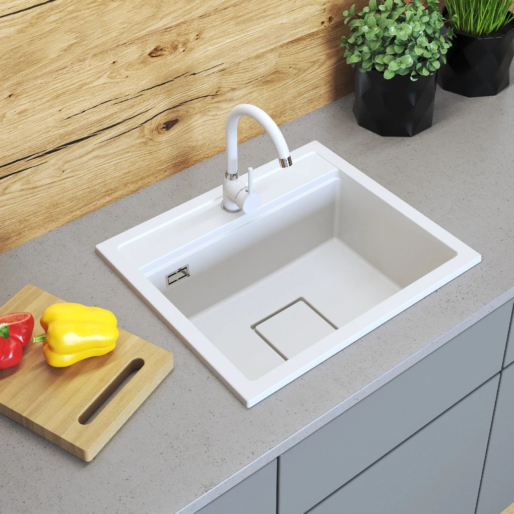 Gamma Quadro 5850, 1-komorový granitový dřez 580x495x220 mm, bílá, GMA-ZLE000234