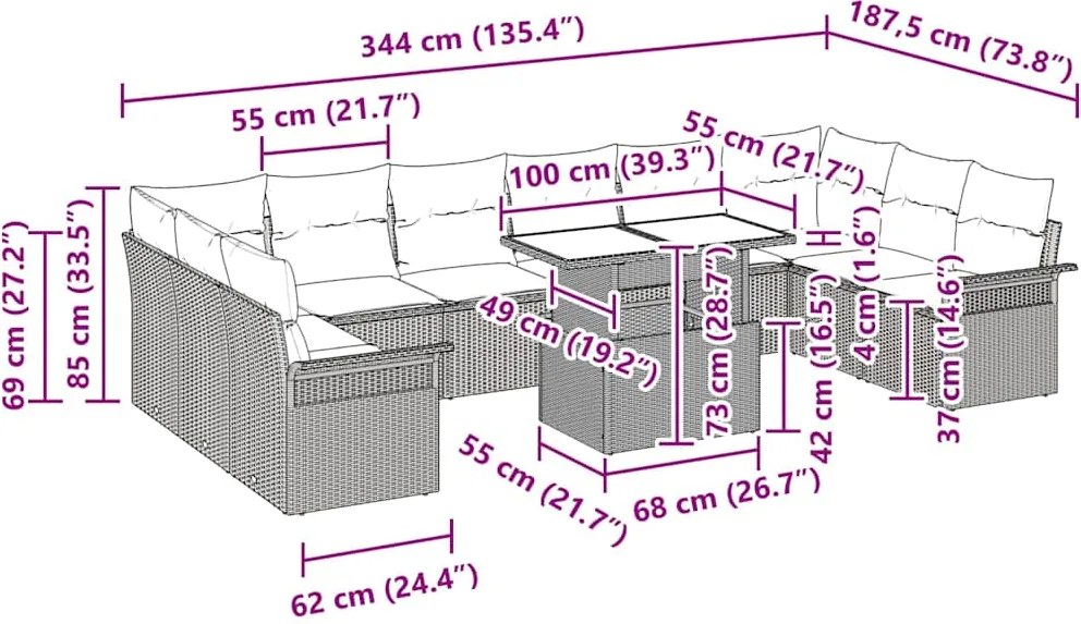 Sada zahradních pohovek 11 ks Šedá Poly Ratan 3357092
