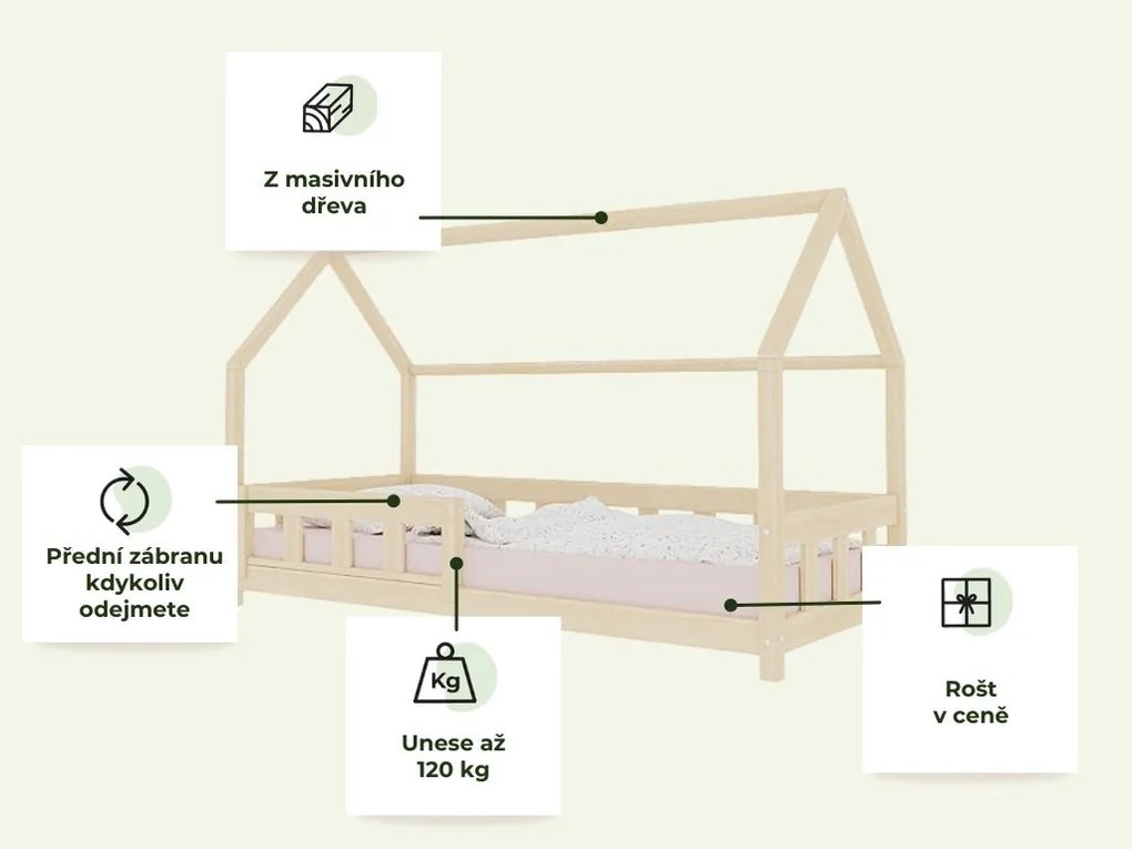 Benlemi Domečková postel PLOTTY s bočním štítem Zvolte barvu: Transparentní vosková lazura matná, Zvolte rozměr: 140x200 cm, Zvolte zábranu: S otevřeným vstupem