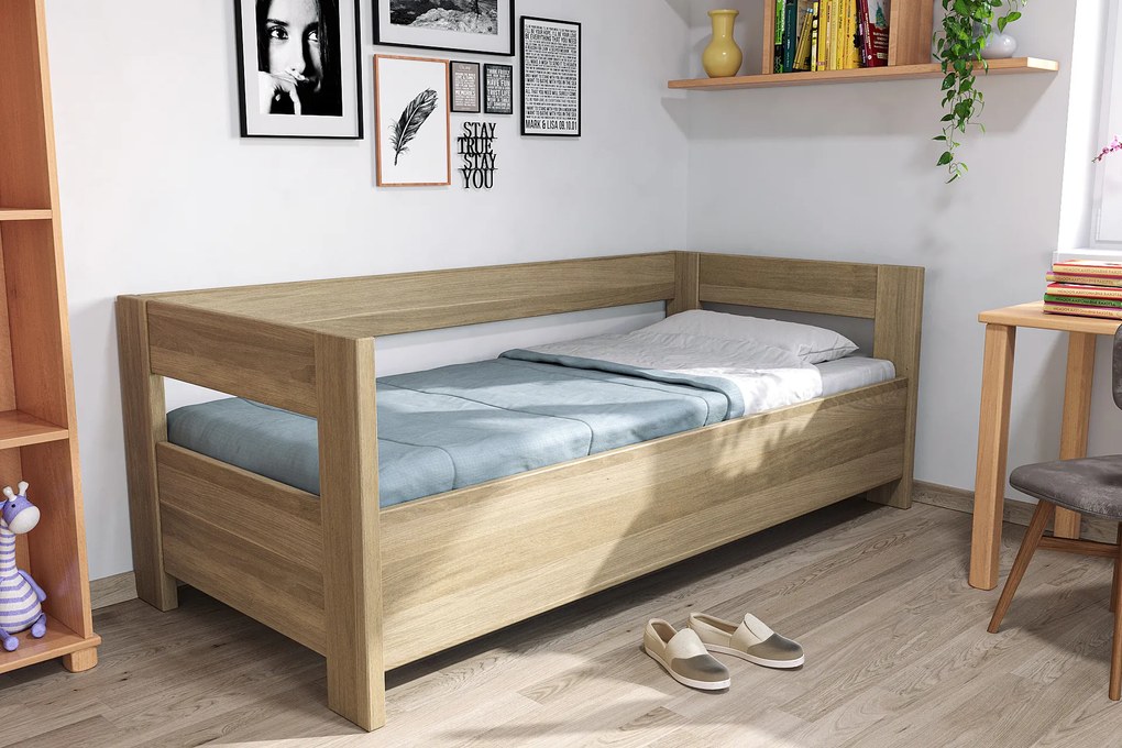 Dubová postel Ela s opěrkou a úložným prostorem