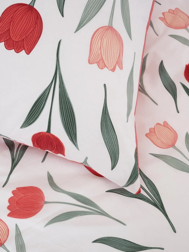 MK Lůžkoviny Prodloužené bavlněné povlečení Renforcé - Květy tulipánů červené 140 × 220 cm, 70 x 90 cm