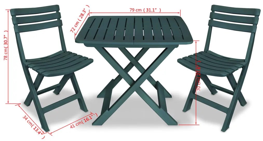 vidaXL Marketos 3dílný skládací bistro set plastový zelený