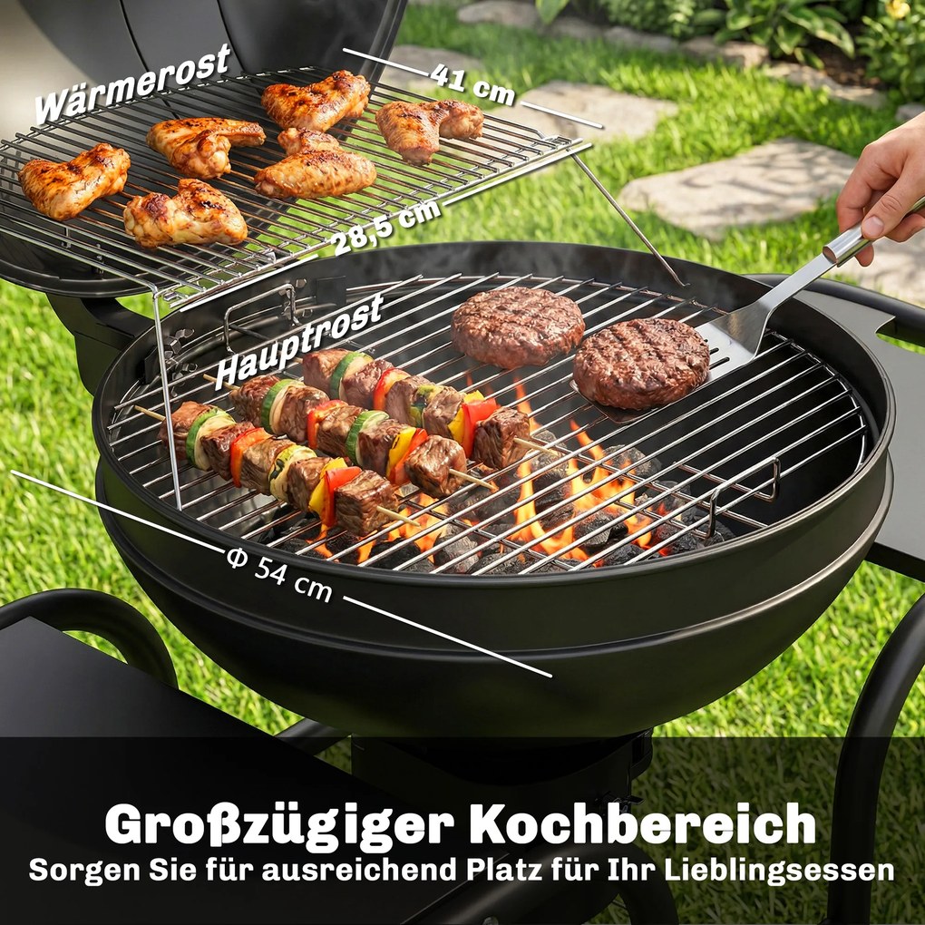 Outsunny Gril na dřevěné uhlí BBQ Udírna s postranními stolky Víko Teploměr Kolečka 129 x 63,5 x 106,5 cm
