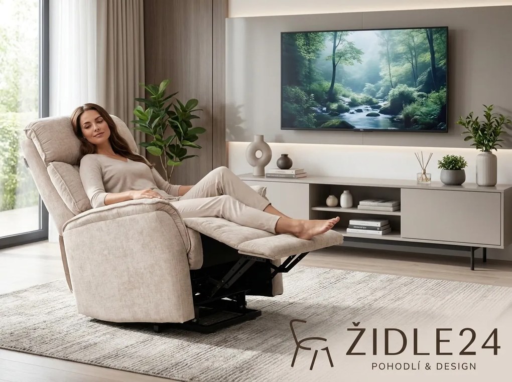 Elektrické polohovací TV křeslo VOJO - béžová látka / masážní / vyhřívací funkce