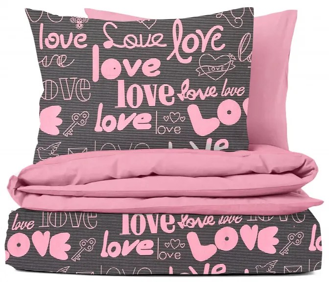 Ervi bavlněné povlečení oboustranné - s nápisem LOVE/ružové