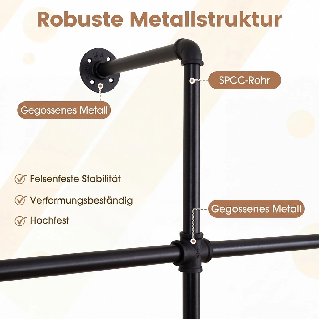Costway Šatní tyč nástěnná otevřená kovová šatní skříň s 2 kolejničkami