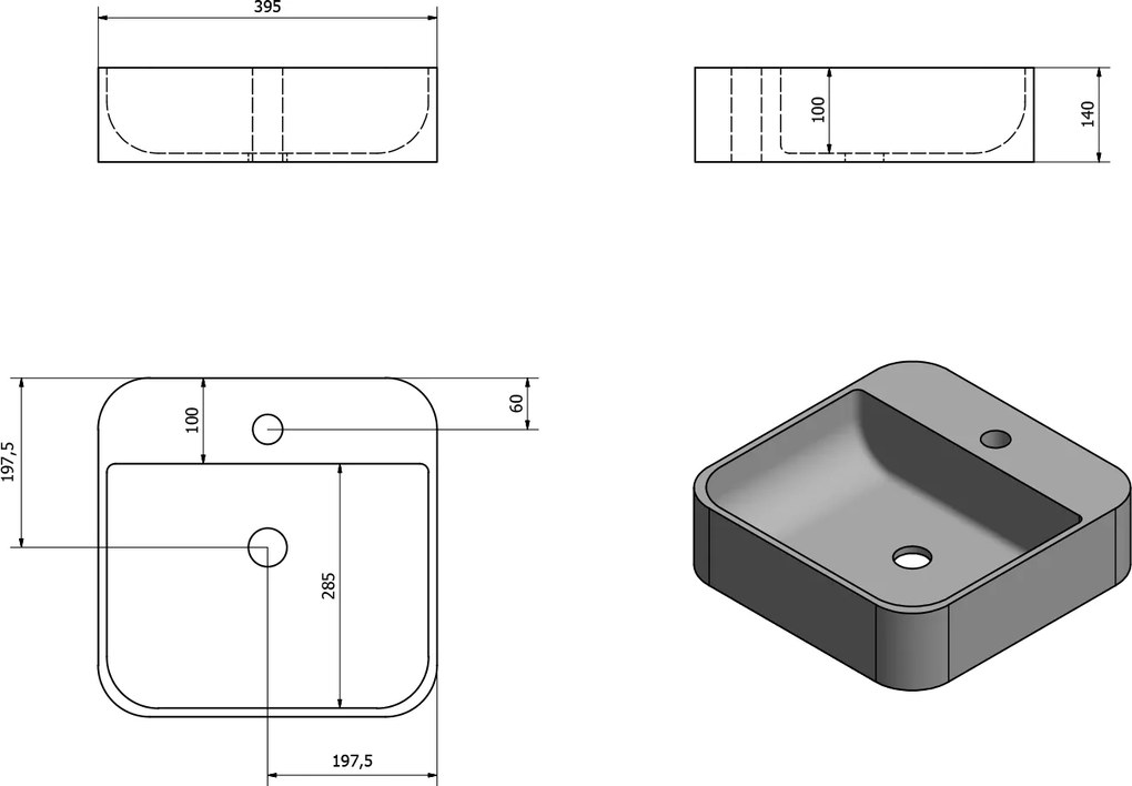 Sapho Sapho, MOLVENO keramické umyvadlo 39,5x14x39,5 cm, na desku, AR453