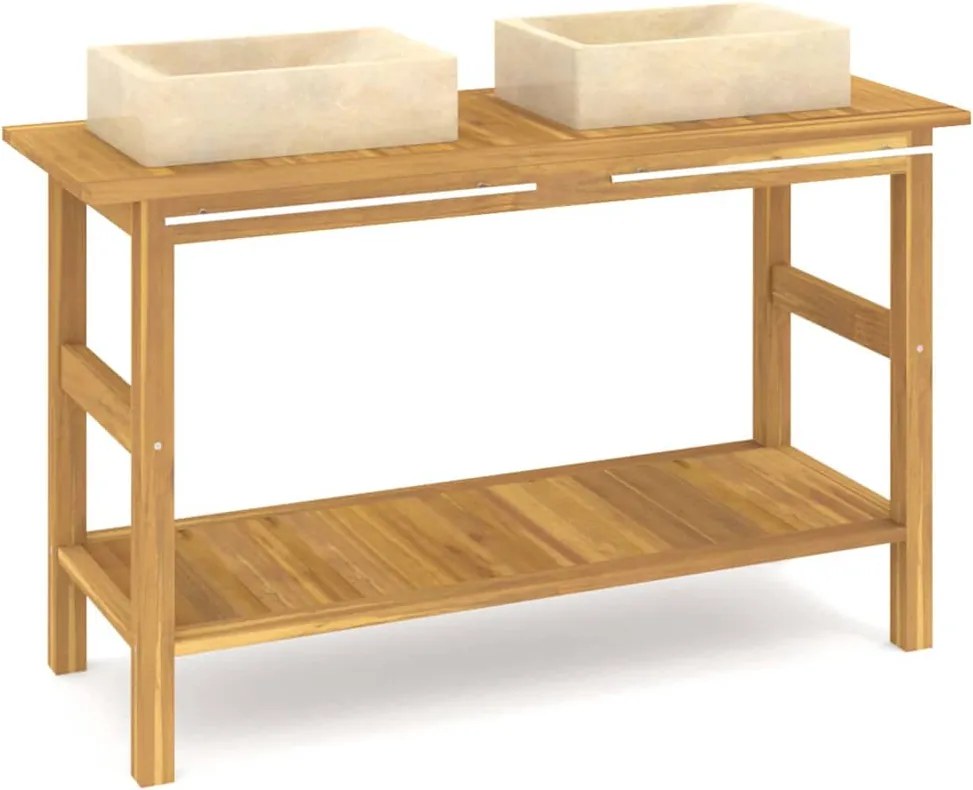 Koupelnová skříňka s umyvadly z krémového mramoru masivní teak 3096578