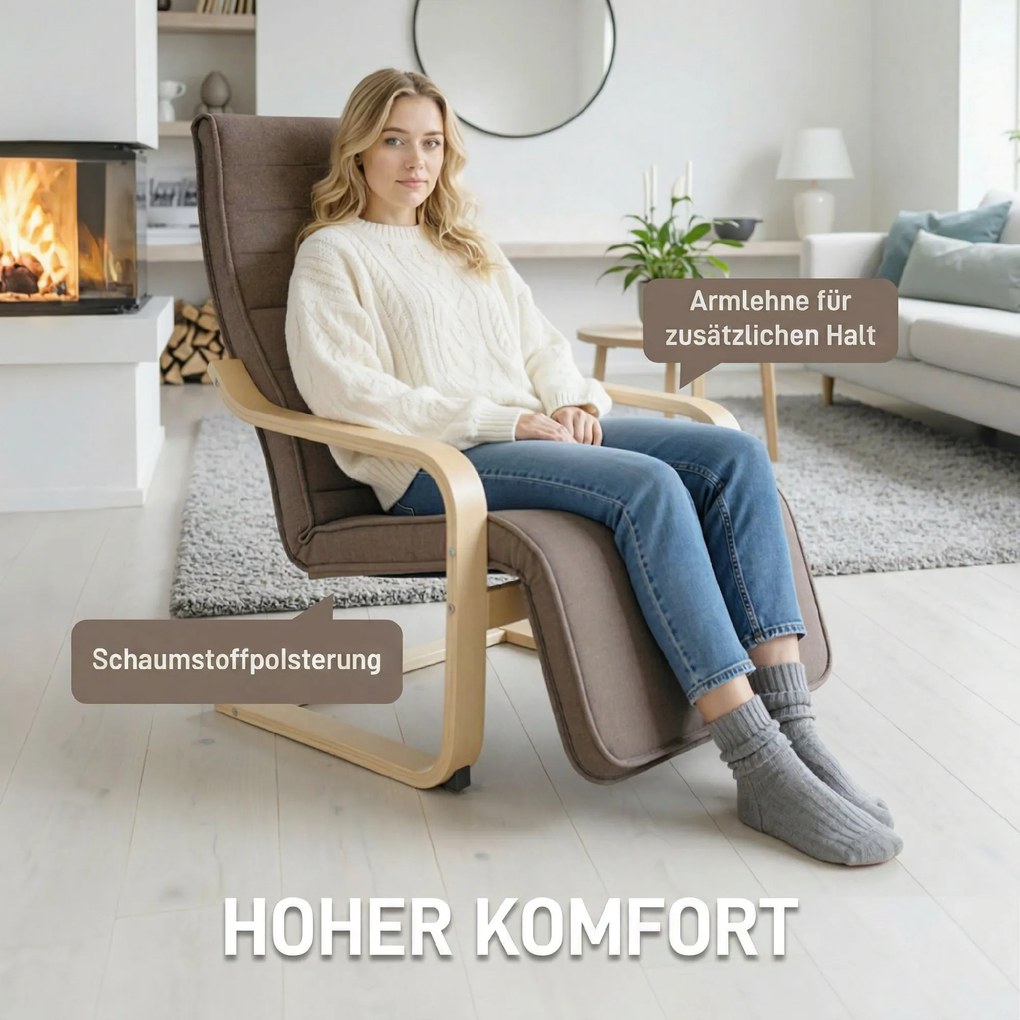 HOMCOM Akcentové křeslo, polohovací křeslo s nastavitelnou opěrkou nohou, rám z březového dřeva, do 120 kg, 66,5 x 94 x 100 cm, hnědý