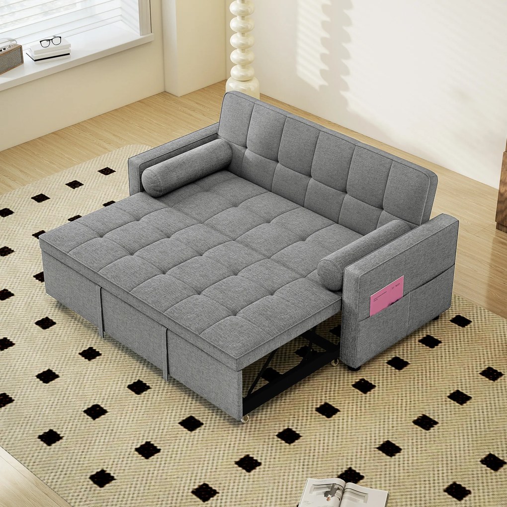 HOMCOM 2místná rozkládací pohovka 3‑v‑1 s dvojlůžkem, nastavitelným opěradlem a 2 polštáři 151x137,5x84 cm, šedá
