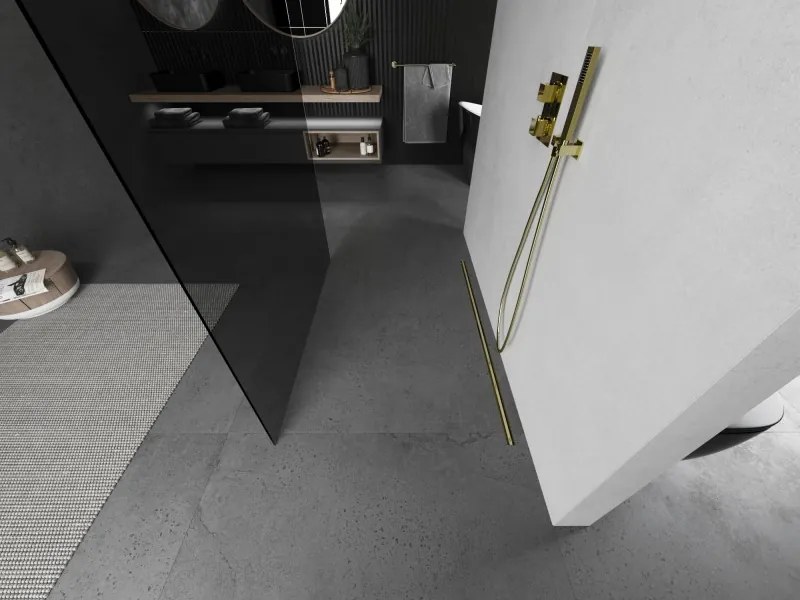 Mexen Kioto, sprchová zástěna Walk-In 110 x 200 cm, 8mm šedé sklo, zlatý matný profil, 800-110-002-55-40