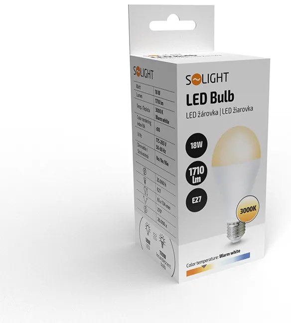 Solight LED žárovka, klasický tvar, 18W, E27, 3000K, 270°, 1710lm
