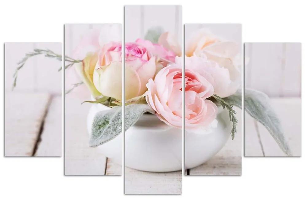 Gario Obraz na plátně Růže v bílé váze - 5 dílný Rozměry: 100 x 70 cm