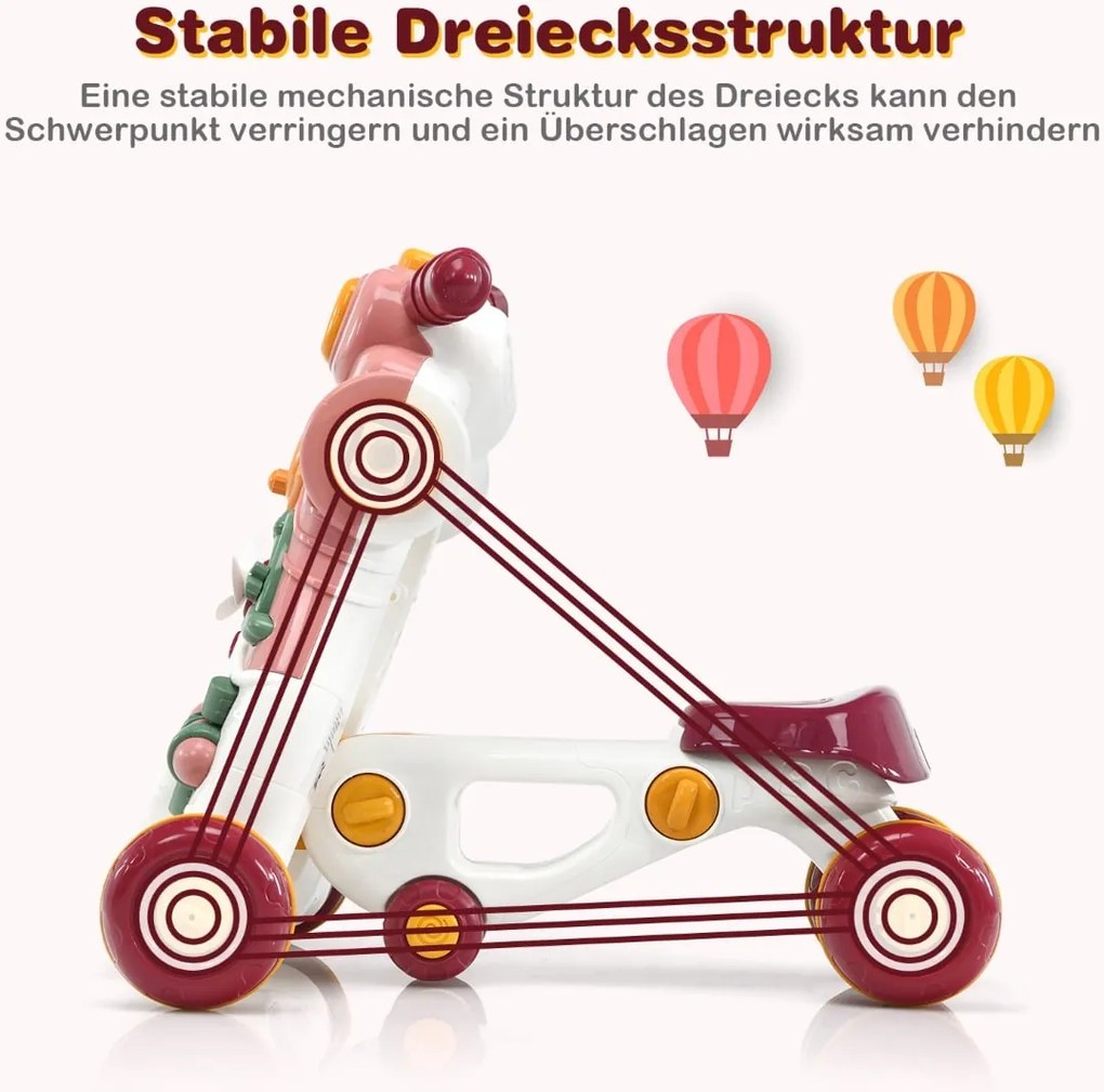 Costway 3 v 1 sedací stojánkové chodítko Dětské chodítko růžové, růžový